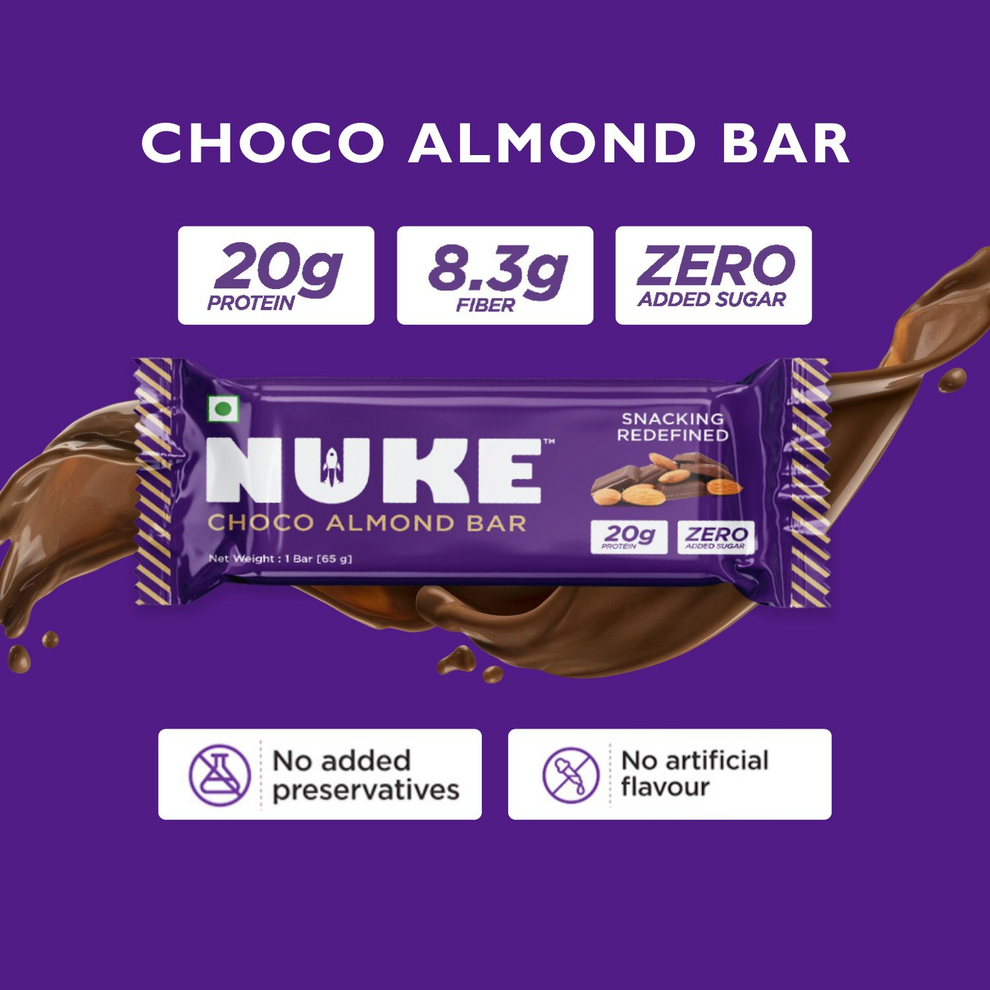 NUKE Choco Almond Bar (65g Each) | 20g Protein | 8.3g Fiber | Zero Add